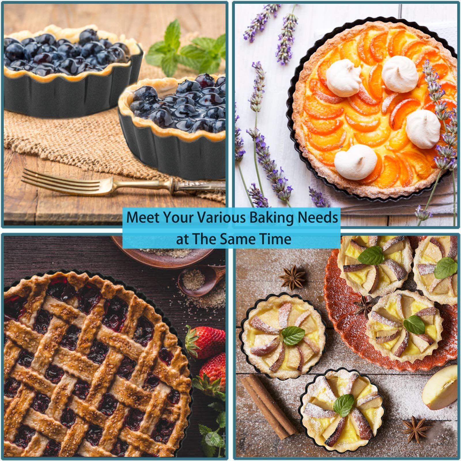 Vnray Mini Tart Pans with Removable Bottom 4 inch Set of 10, Non-stick Round Quiche Pan Heavy Duty Carbon Steel for Mousse Cakes, Christmas Dessert Baking with Silicone Scrubber