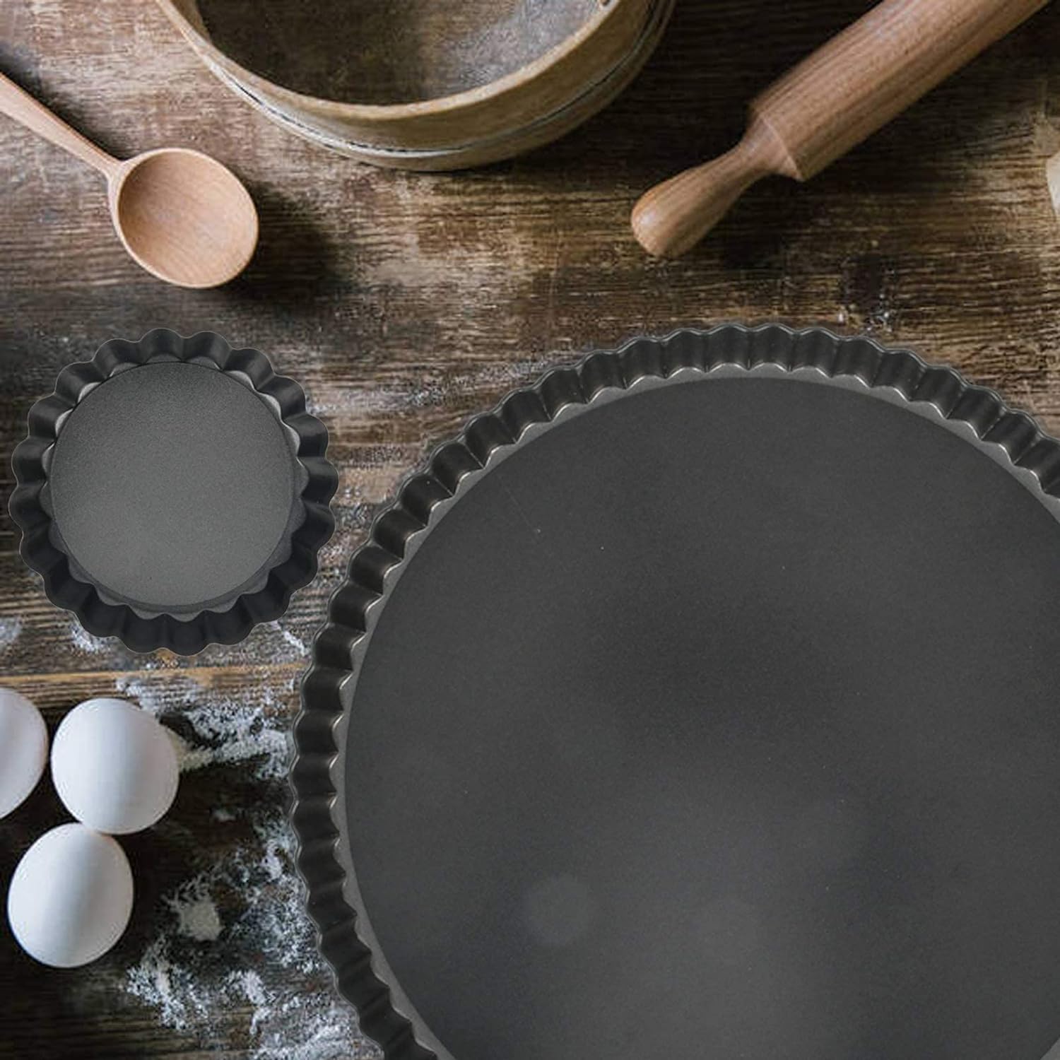 Vnray Mini Tart Pans with Removable Bottom 4 inch Set of 10, Non-stick Round Quiche Pan Heavy Duty Carbon Steel for Mousse Cakes, Christmas Dessert Baking with Silicone Scrubber