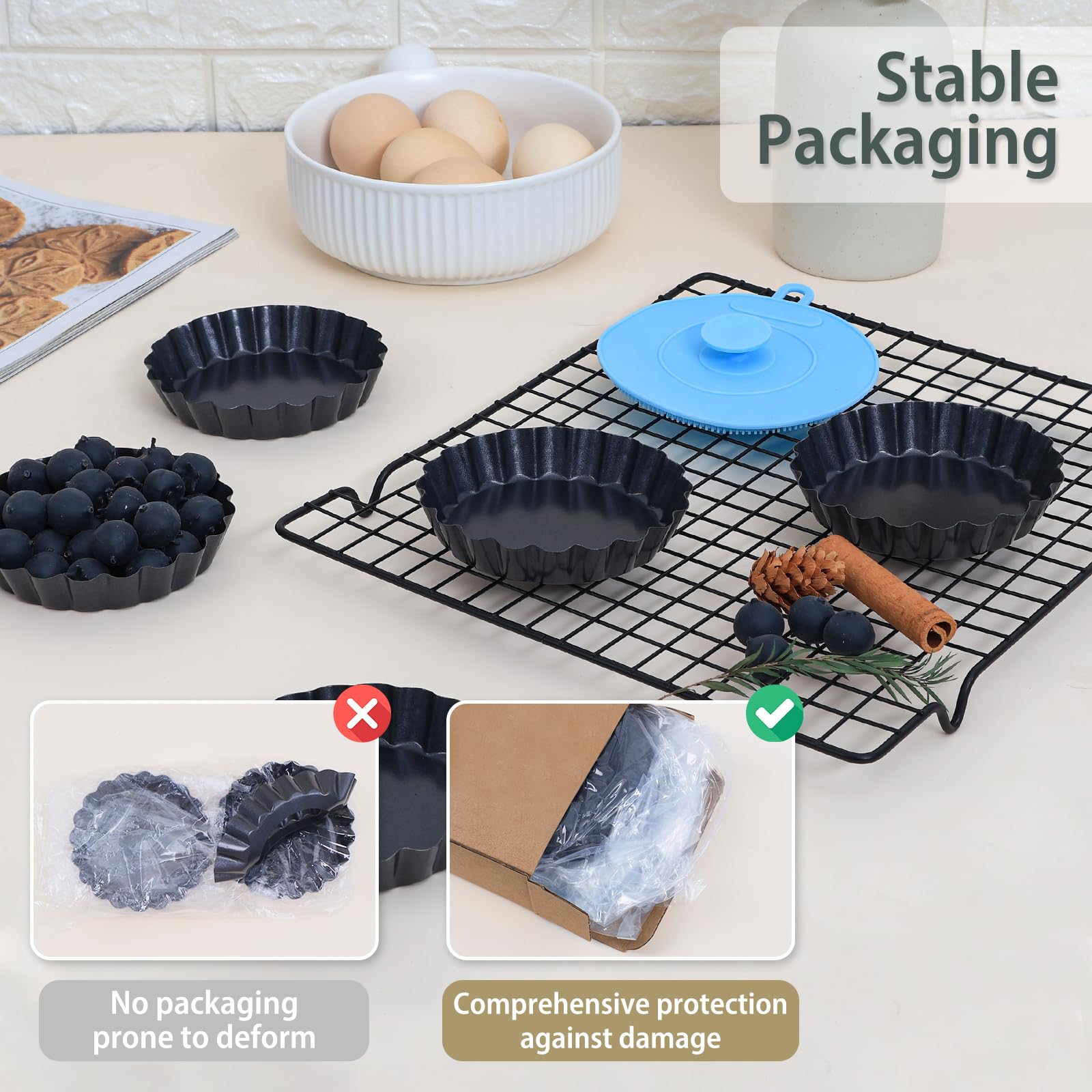 Vnray Mini Tart Pans with Removable Bottom 4 inch Set of 10, Non-stick Round Quiche Pan Heavy Duty Carbon Steel for Mousse Cakes, Christmas Dessert Baking with Silicone Scrubber