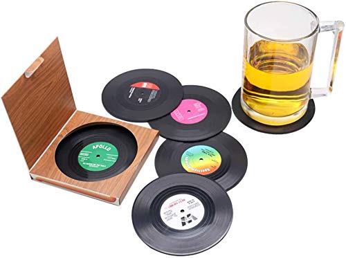 Set of 6 Cute Retro Vinyl Coasters - Funny Record Decoration Disk Furniture - Creative Drinks Equipment Music Ideas for Bar, Home, Restaurant, Apartment, Room - Mini Decor Drink Cup Stuff Holder Tool