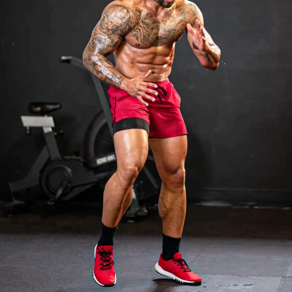EVERWORTH Men's 2 in 1 Workout Shorts 5" Quick Dry Gym Shorts Bodybuilding Short Shorts Compression Shorts with Zipper Pocket 2 Pack GreenBK US M