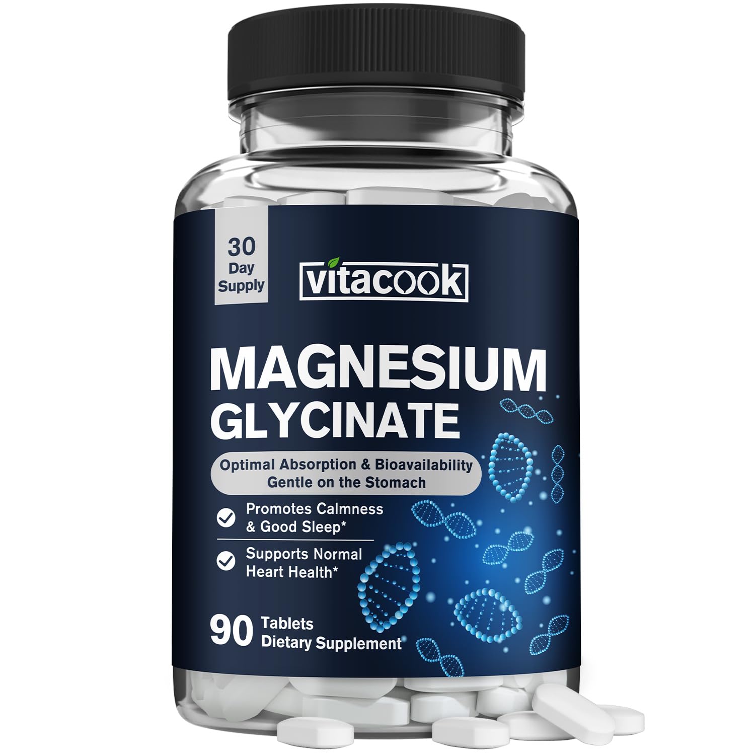 Vitacook Magnesium Glycinate 300 mg, Natural Calmness, Healthy Mood & Heart Support, Non Buffered, Non-GMO, High Potency and Ultra-Absorbable, 90 Tablets