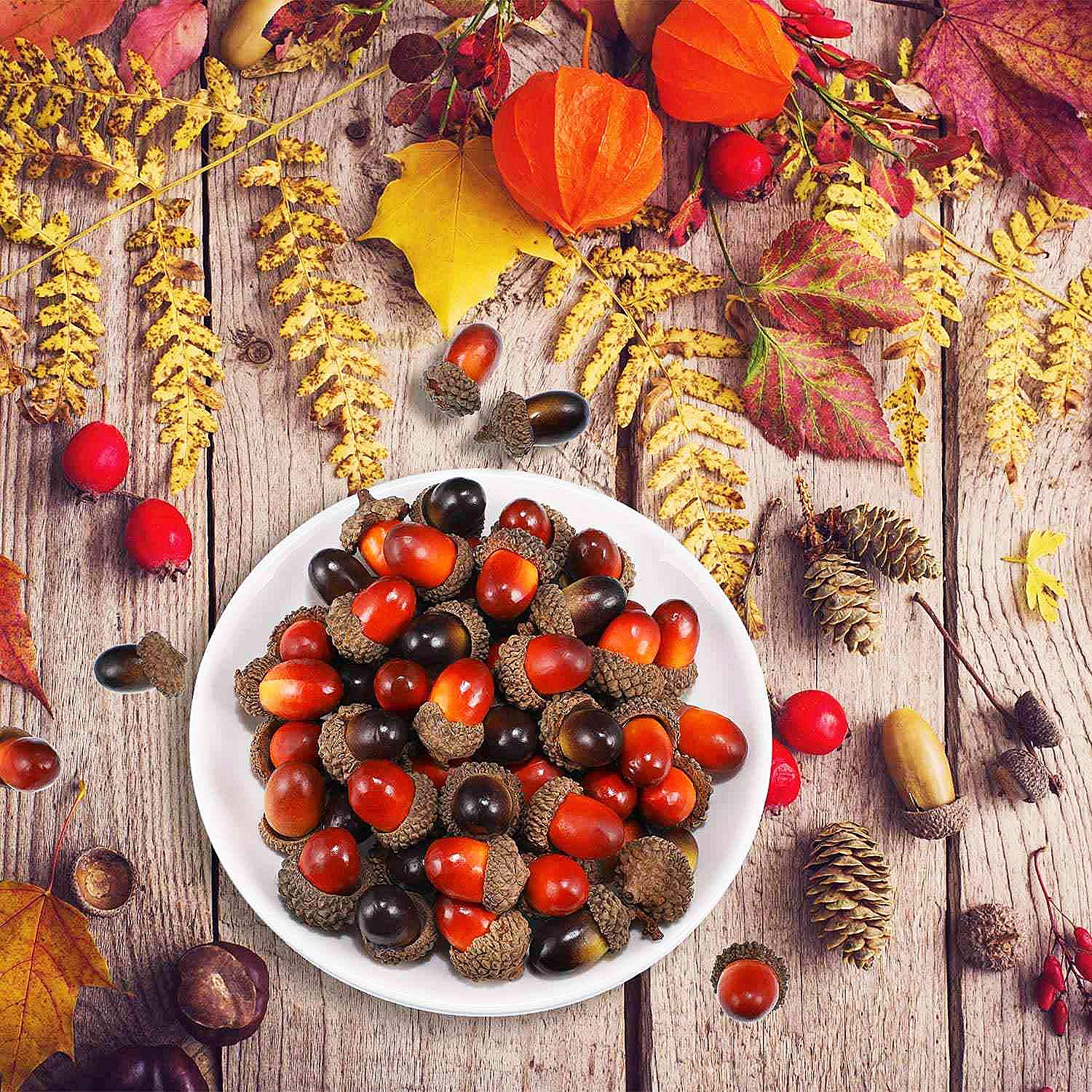 Udefineit 100PCS 3cm Artificial Mini Acorns, Fake Fruit Props Lifelike Oak Nut Plants Model Craft for Home Kitchen Table Decor, Thanksgiving Halloween Christmas Festival Decorative Ornaments (2 Pack)