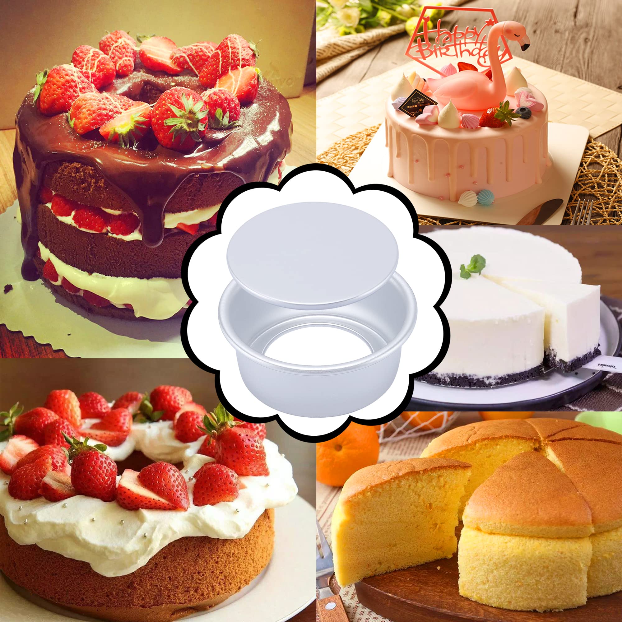 6 Inch Round Cake Pan Set of 4, Nonstick Aluminum Baking Pans with 100 Sheets Parchment Paper, Cake Tins For Making Layered Cakes Deep Dish Pizza Quiches, Removable Bottom For Easy Quick Release