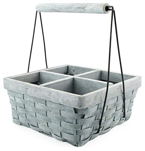 AuldHome Wood Basket Caddy (Gray Washed), 4-Compartment Carry-All Divided Organizer, Great for Easter/Spring Gift Basket