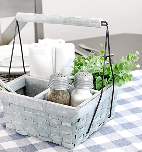 AuldHome Wood Basket Caddy (Gray Washed), 4-Compartment Carry-All Divided Organizer, Great for Easter/Spring Gift Basket