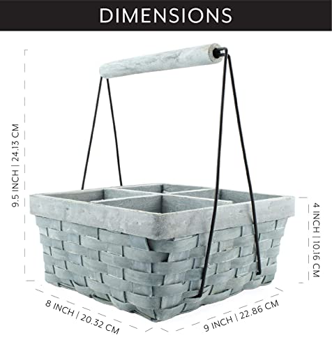 AuldHome Wood Basket Caddy (Gray Washed), 4-Compartment Carry-All Divided Organizer, Great for Easter/Spring Gift Basket