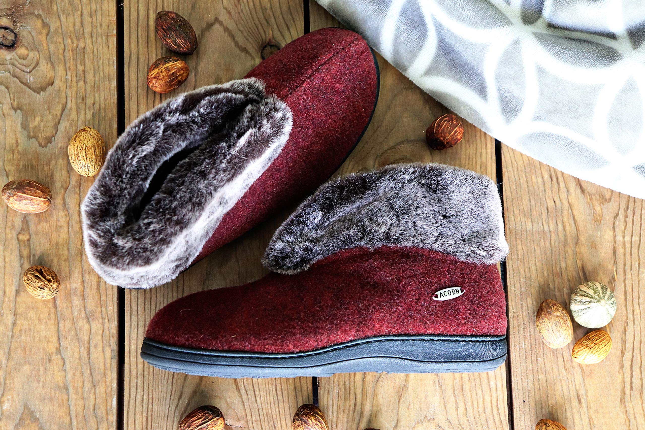 Acorn Women’s Chinchilla Bootie Slipper, Plush Faux Fur with a Multi-Layer Memory Foam Footbed And A Rubber Sole.