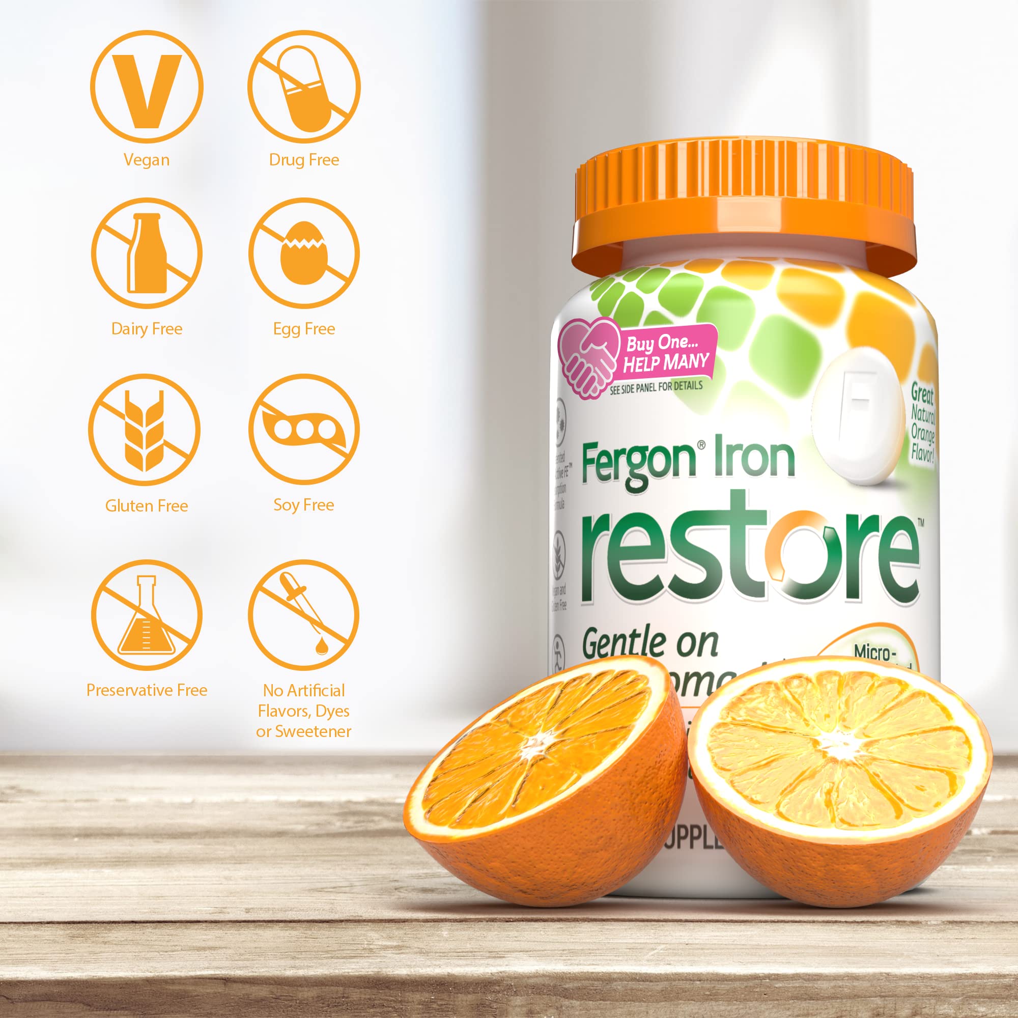 Fergon Iron Restore Chewable Tablets - Gentle on Stomach, Non-Constipating - 27mg Iron for Energy Support – 60 Tablets