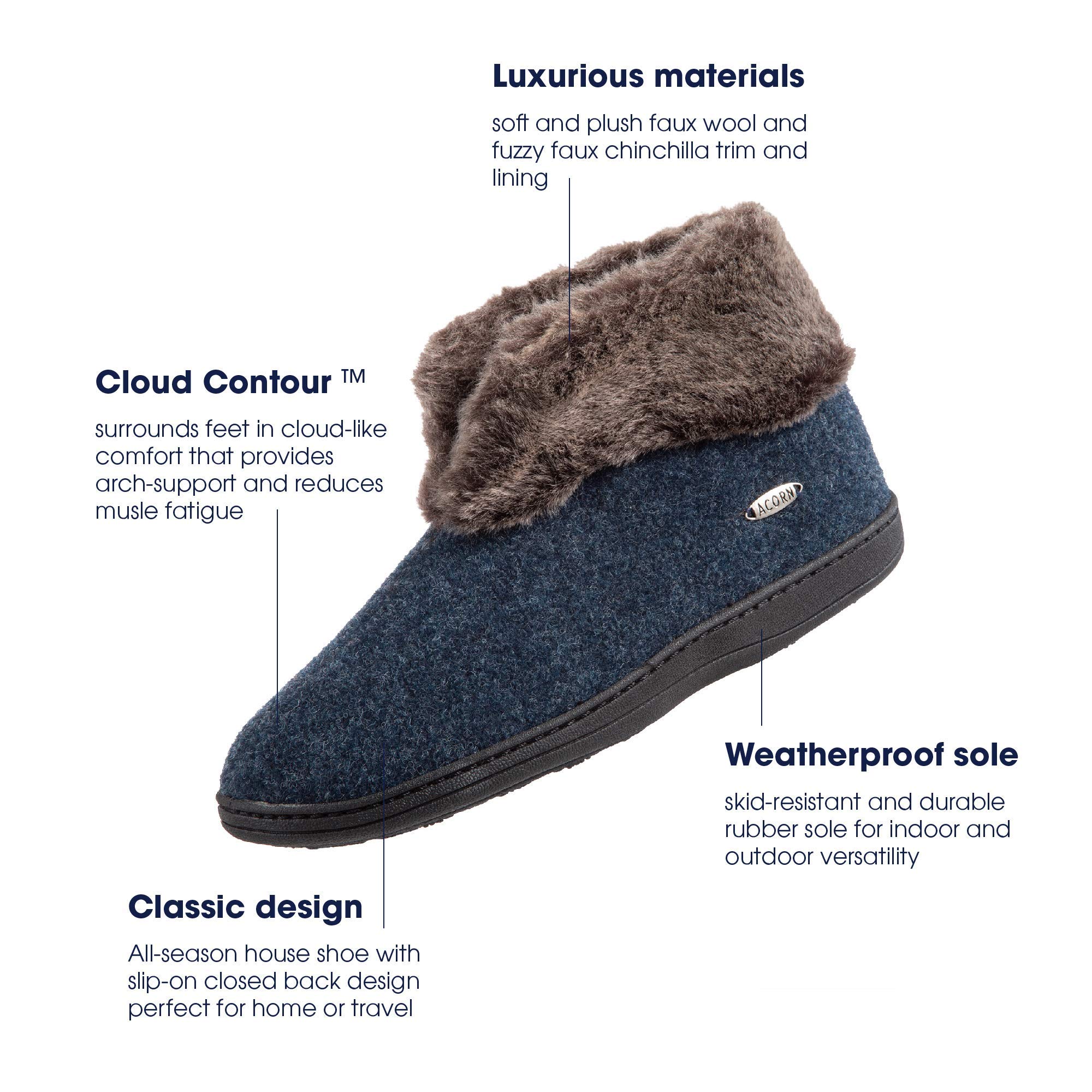 Acorn Women’s Chinchilla Bootie Slipper, Plush Faux Fur with a Multi-Layer Memory Foam Footbed And A Rubber Sole.