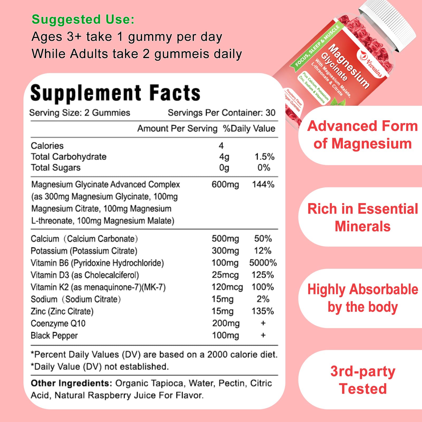 Magnesium Glycinate Gummies 600 mg, Magnesium Gummies for Adults and Kids, Support for Relaxtion and Muscle, 60 Raspberry Flavored Gummies