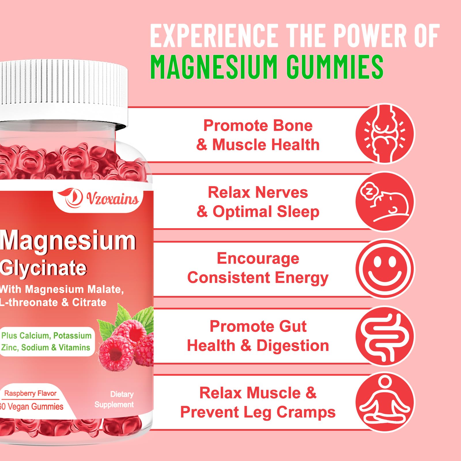 Magnesium Glycinate Gummies 600 mg, Magnesium Gummies for Adults and Kids, Support for Relaxtion and Muscle, 60 Raspberry Flavored Gummies