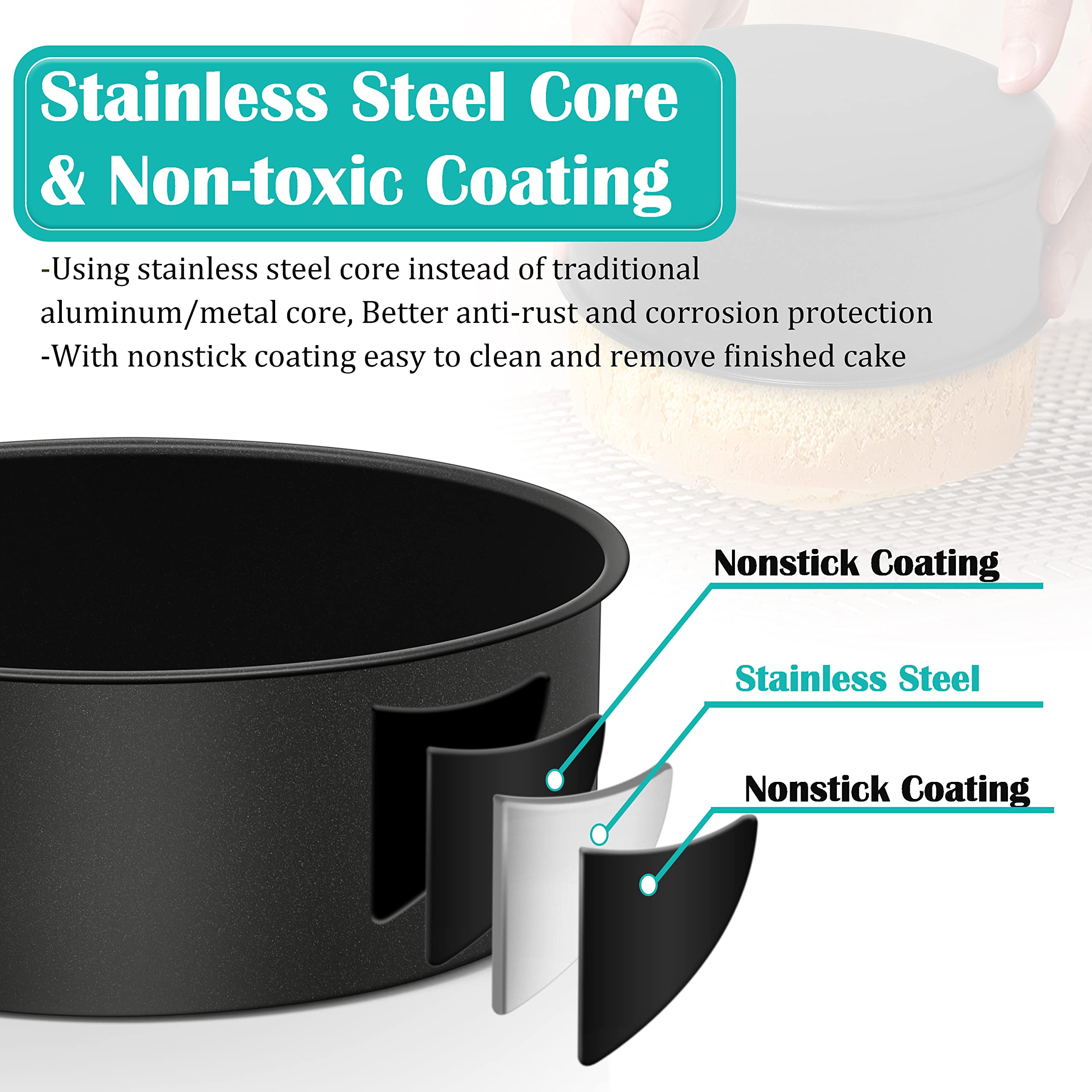 E-far 6 x 3 Inch Cake Pan Set of 3, Deep Stainless Steel Small Round Cake Pans Tin for Baking Birthday Wedding Layer Cakes, Stainless Steel Core & Non-toxic Nonstick Coating, Deep & Straight Side