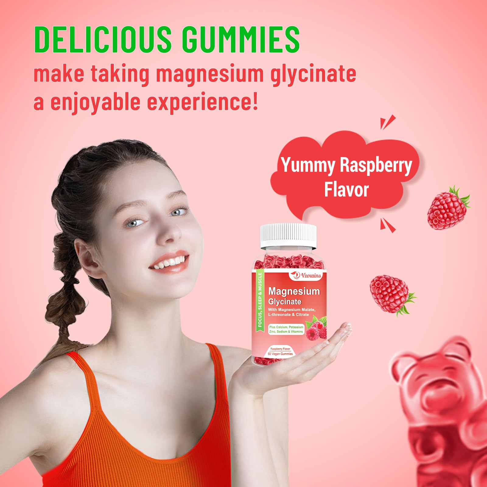 Magnesium Glycinate Gummies 600 mg, Magnesium Gummies for Adults and Kids, Support for Relaxtion and Muscle, 60 Raspberry Flavored Gummies