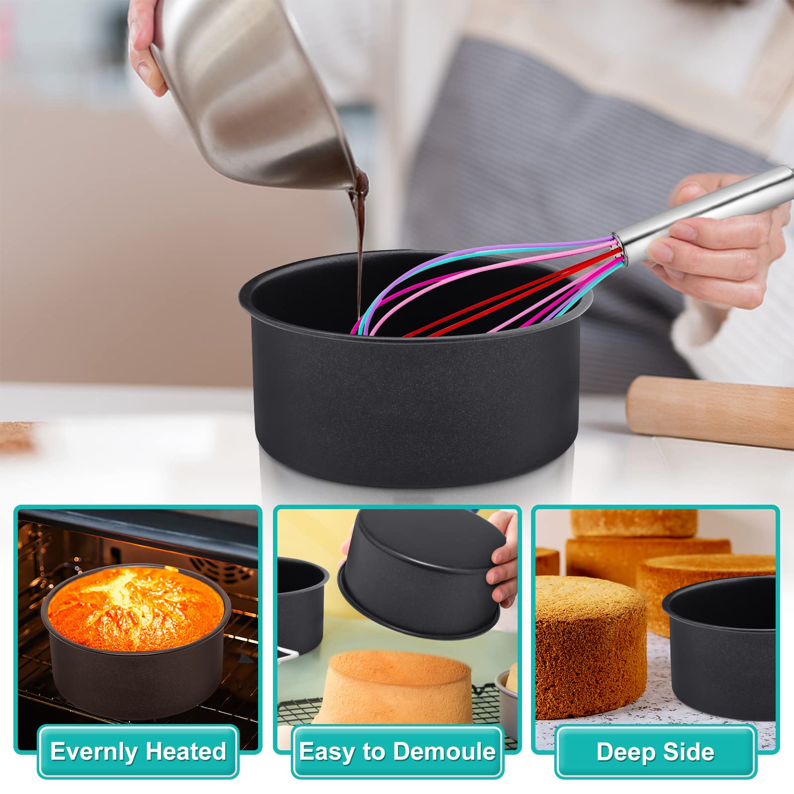 E-far 6 x 3 Inch Cake Pan Set of 3, Deep Stainless Steel Small Round Cake Pans Tin for Baking Birthday Wedding Layer Cakes, Stainless Steel Core & Non-toxic Nonstick Coating, Deep & Straight Side