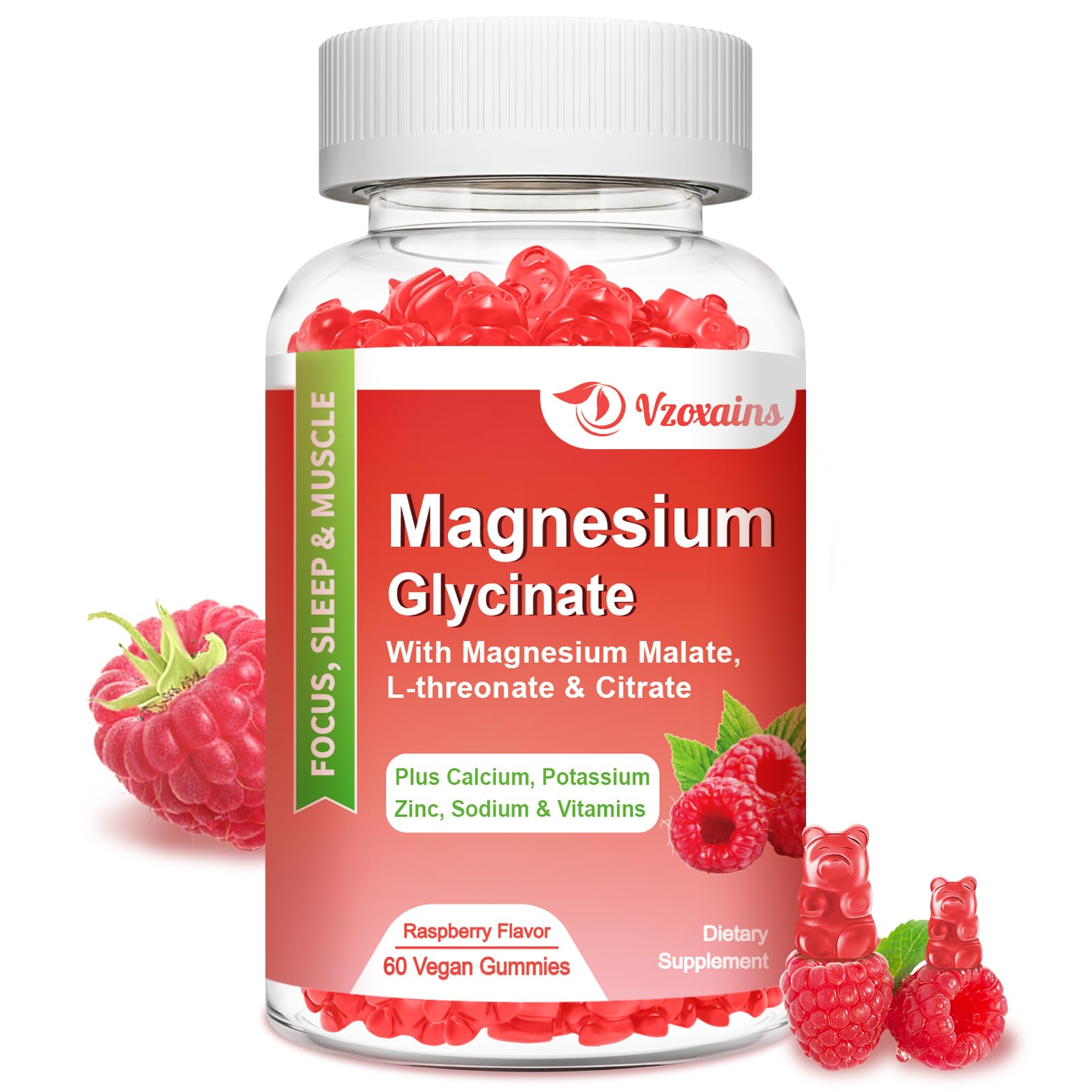Magnesium Glycinate Gummies 600 mg, Magnesium Gummies for Adults and Kids, Support for Relaxtion and Muscle, 60 Raspberry Flavored Gummies