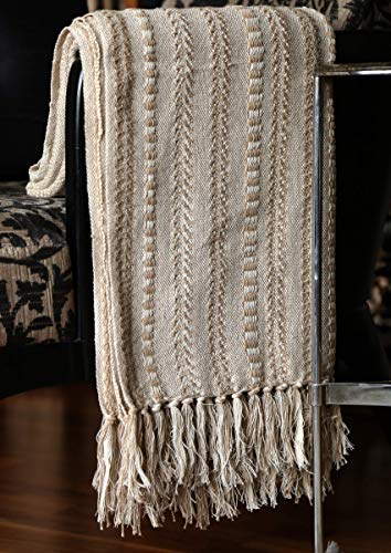 Farmhouse Throw Blanket Boho Living Room Decor Brown Cotton Stripe Cozy Bed Blankets with Fringe Soft and Luxury for Couch, Chair & Everyday Use - 50 x 60 Inches
