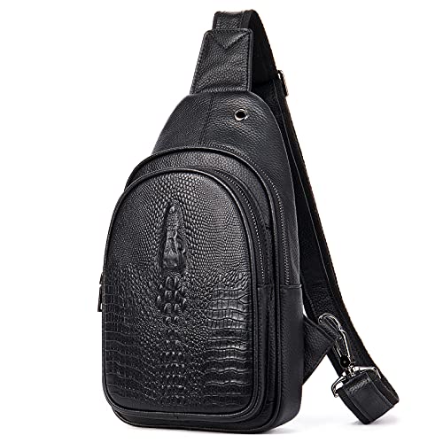 NIUCUNZH Crocodile Leather Sling Bag with Leather Strap, 3 Zipper Crossbody Shoulder Bags for Travel Hike Everyday Carry Black
