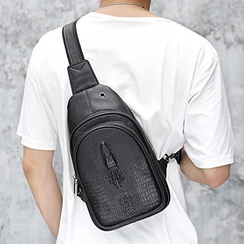 NIUCUNZH Crocodile Leather Sling Bag with Leather Strap, 3 Zipper Crossbody Shoulder Bags for Travel Hike Everyday Carry Black