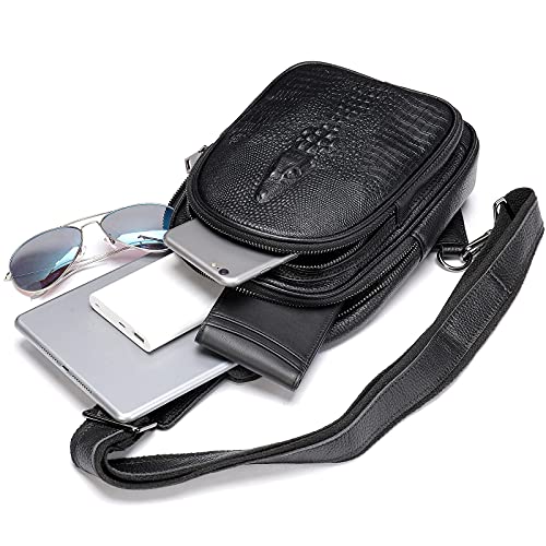 NIUCUNZH Crocodile Leather Sling Bag with Leather Strap, 3 Zipper Crossbody Shoulder Bags for Travel Hike Everyday Carry Black