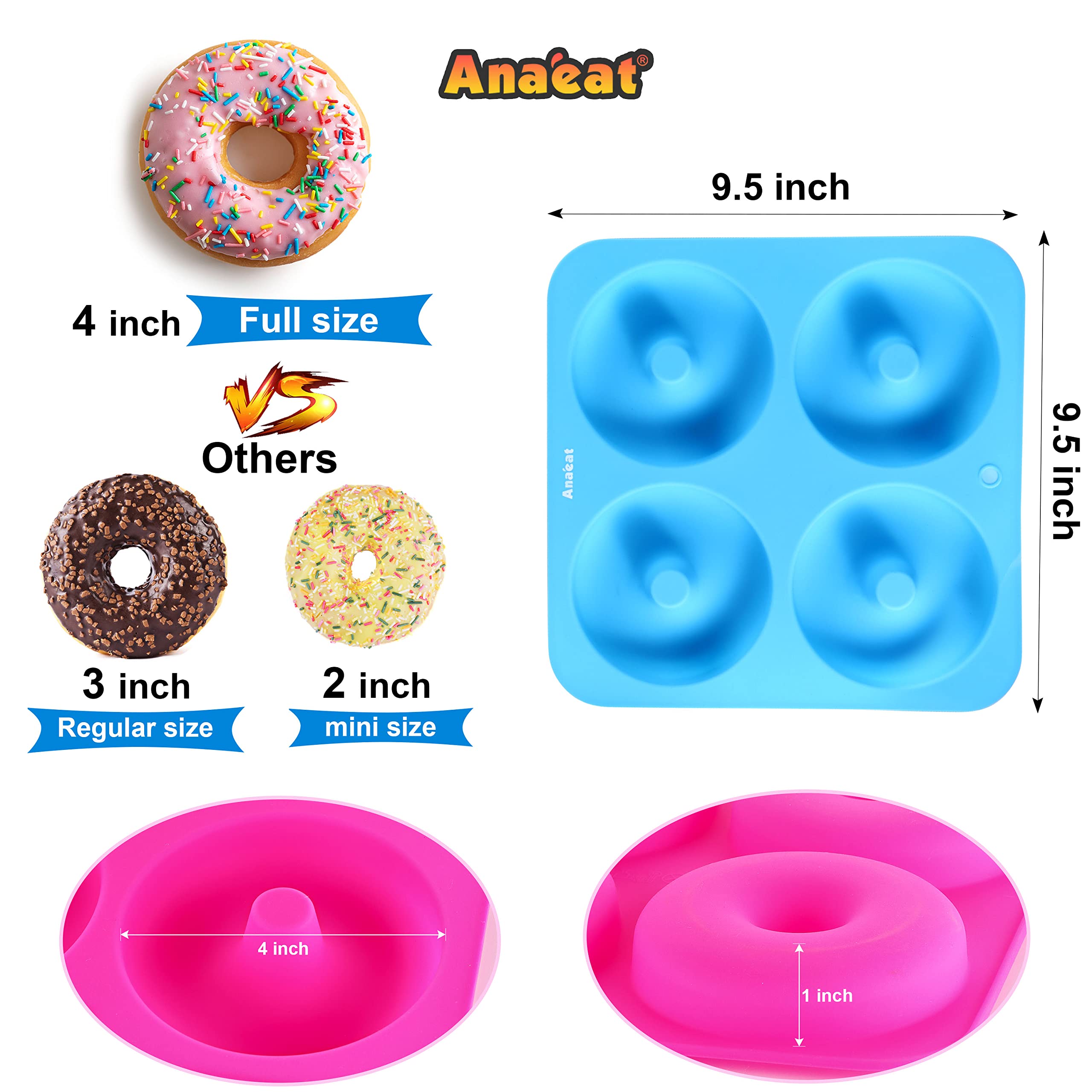 Anaeat Full Size Donut Baking Pans 3 Pack, Big Size 4 Inch Silicone Baking Mold, Just Pop Out! Non Stick 6-Cavity Doughnut Trays for Bagels Donuts Cake Biscuit - BPA Free & Dishwasher Safe (3 colors)