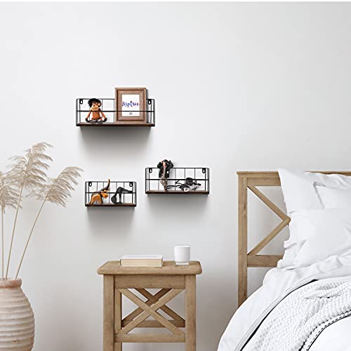HORLIMER Floating Wall Shelves Set of 3, Rustic Wood Wire Frame Hanging Shelf for Bathroom Bedroom Living Room Kitchen