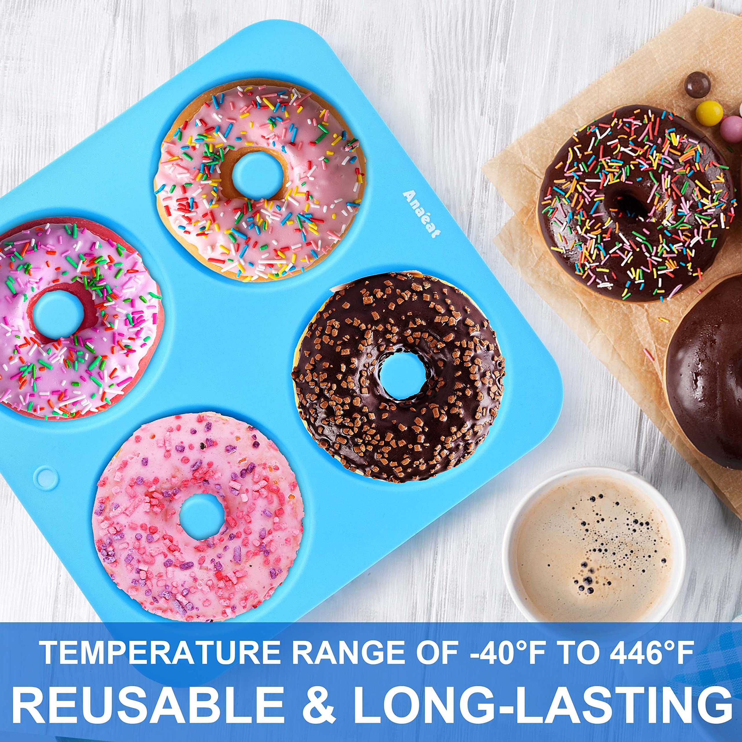 Anaeat Full Size Donut Baking Pans 3 Pack, Big Size 4 Inch Silicone Baking Mold, Just Pop Out! Non Stick 6-Cavity Doughnut Trays for Bagels Donuts Cake Biscuit - BPA Free & Dishwasher Safe (3 colors)
