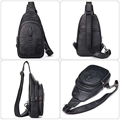 NIUCUNZH Crocodile Leather Sling Bag with Leather Strap, 3 Zipper Crossbody Shoulder Bags for Travel Hike Everyday Carry Black