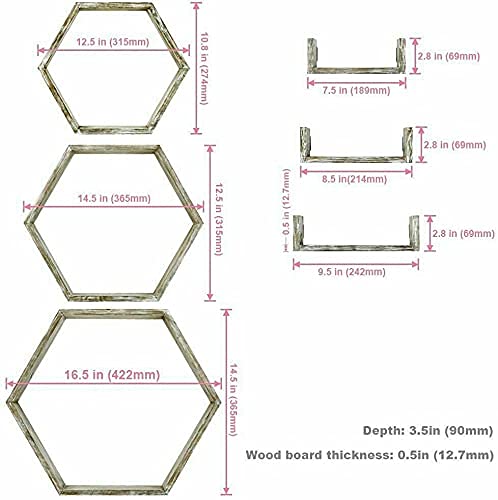 AlphaCo Rustic Wall Mounted Hexagonal Shelves for Living Room, Bedroom, Office or for Home Supplies in Bathroom or Kitchen, Round Wall Shelf, Set of 6 - Rustic Gray Wood 3 Hexagon Shelves-Boxes