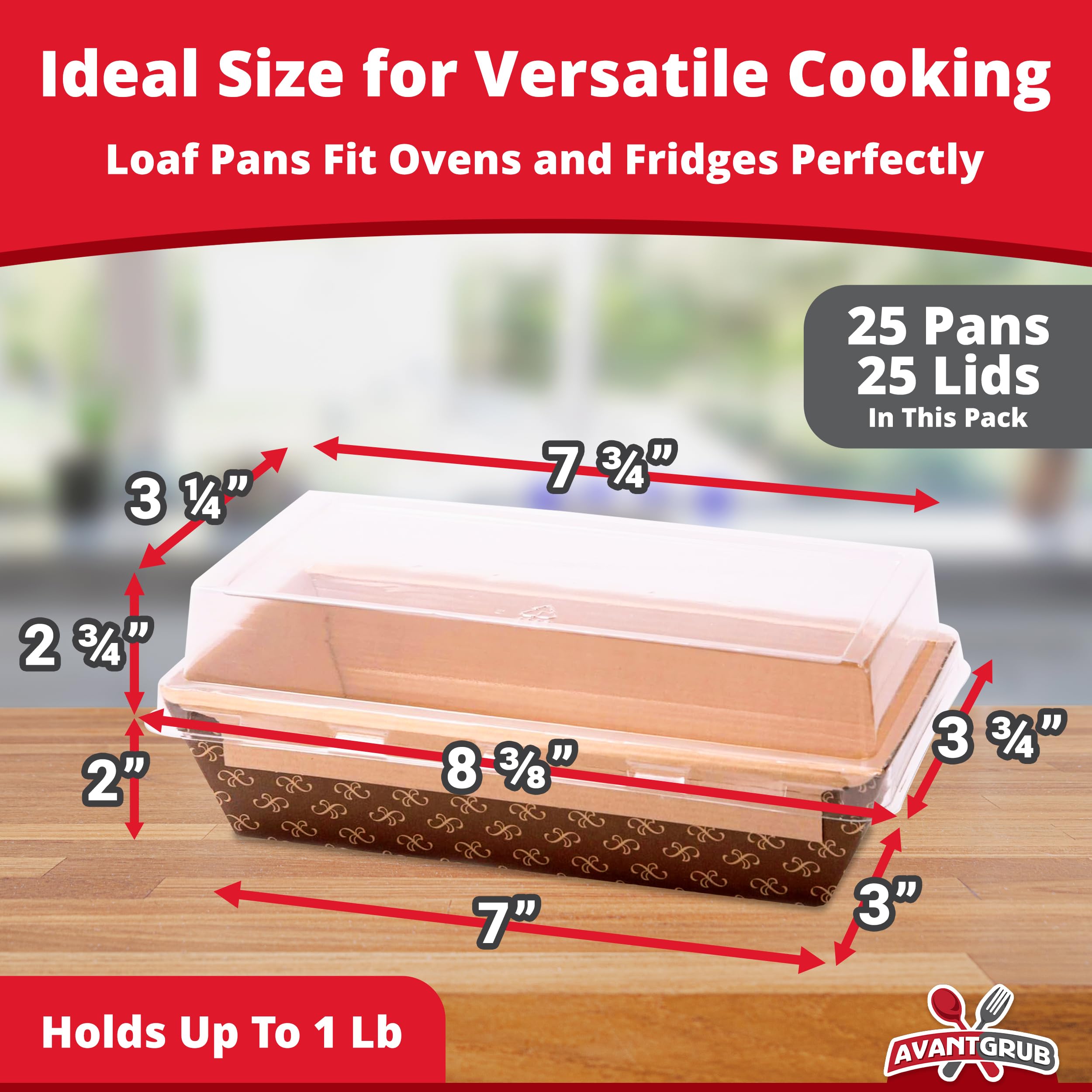 Chef-Grade 7x3in 1Lb Paper Loaf Pans w/Lids 25 Pk. Elegant Disposable Bakeable Kraft Pan Supplies for Baking Bread, Small Meatloaf, Bundt Cake, Sweets for Holiday Gifts Bake Sales or Fundraiser.