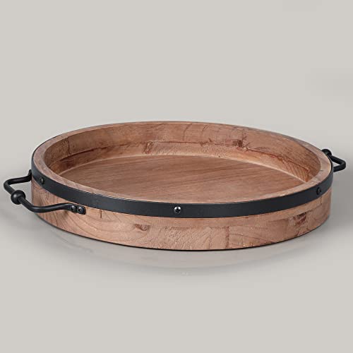 Round Coffee Table Tray - 13'' Farmhouse Wood Serving Tray with Metal Handles - Round Decorative Tray for Coffee Table - Round Ottoman Tray Decor - Wooden Circle Tray for Kitchen Counter