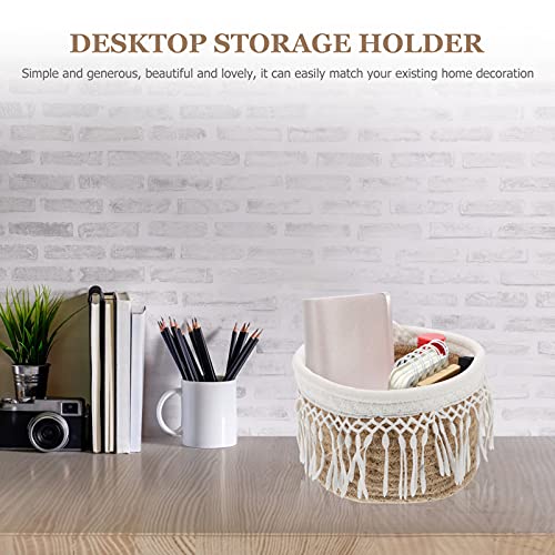 Cabilock Cotton Thread Storage Basket Boho Basket with Tassel Jute Color Farmhouse Small Laundry Basket Table Storage Braided Bin Organizer with Tassel Fringe