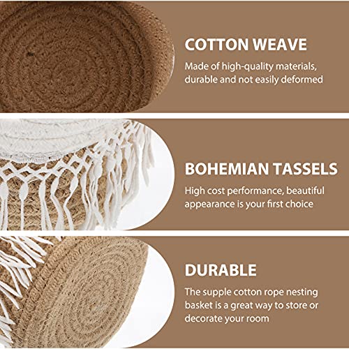 Cabilock Cotton Thread Storage Basket Boho Basket with Tassel Jute Color Farmhouse Small Laundry Basket Table Storage Braided Bin Organizer with Tassel Fringe