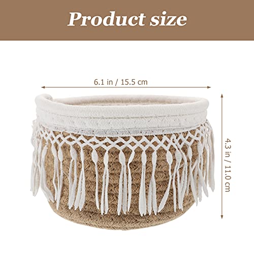 Cabilock Cotton Thread Storage Basket Boho Basket with Tassel Jute Color Farmhouse Small Laundry Basket Table Storage Braided Bin Organizer with Tassel Fringe