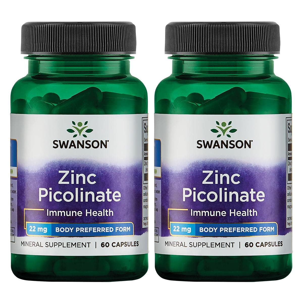 Swanson Zinc Picolinate - Mineral Supplement Promoting Prostate Health, Vision Health, & Immune Support - Body Preferred Form of Chelated Zinc - (60 Capsules, 22mg Each) 2 Pack
