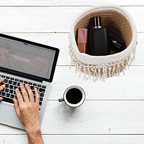 Cabilock Cotton Thread Storage Basket Boho Basket with Tassel Jute Color Farmhouse Small Laundry Basket Table Storage Braided Bin Organizer with Tassel Fringe