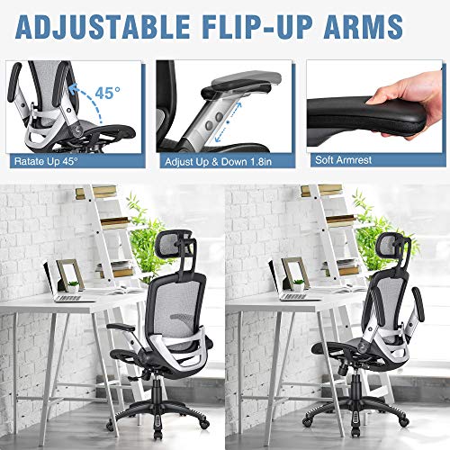 GABRYLLY Ergonomic Mesh Office Chair, High Back Desk Chair - Adjustable Headrest with Flip-Up Arms, Tilt Function, Lumbar Support and PU Wheels, Swivel Computer Task Chair, Grey