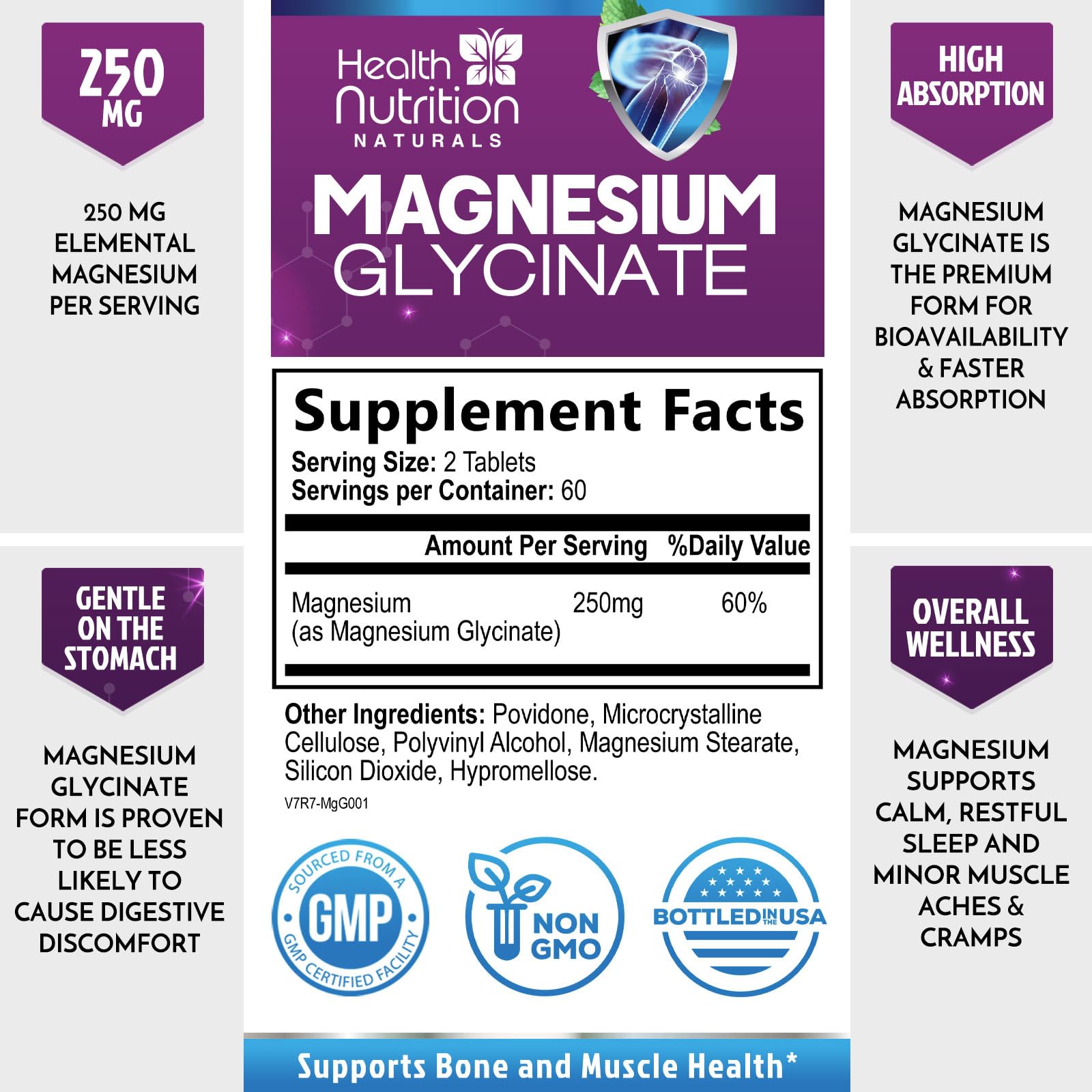 Magnesium Glycinate 250 mg - Natural, High Absorption Magnesium Tablets Chelated for Muscle, Nerve, Bone & Heart Health Support - Gentle Form, Non-GMO, Gluten Free, Vegan Supplement - 120 Tablets