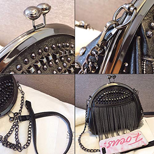 Punk Style Crossbody Bags for Women Rivet Tassel Evening Clutch Purse Ladies Black Chains Shoulder Bag (Black)