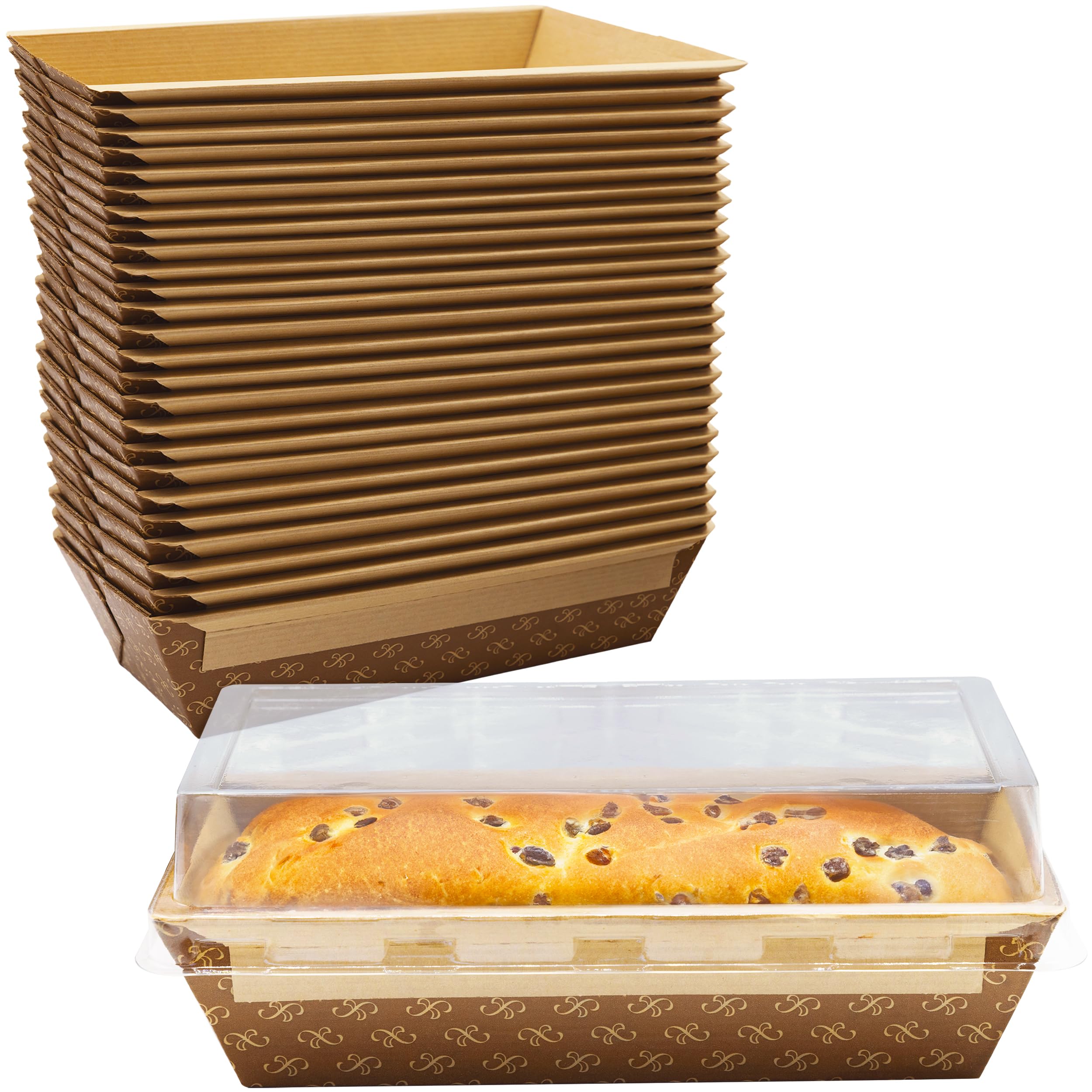 Chef-Grade 7x3in 1Lb Paper Loaf Pans w/Lids 25 Pk. Elegant Disposable Bakeable Kraft Pan Supplies for Baking Bread, Small Meatloaf, Bundt Cake, Sweets for Holiday Gifts Bake Sales or Fundraiser.