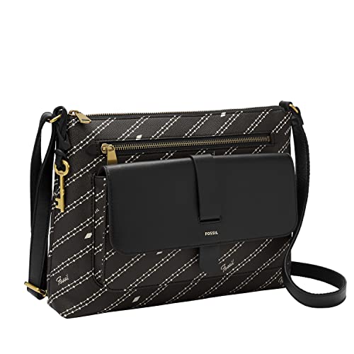 Fossil Women's Kinley Faux Leather Large Crossbody Purse Handbag, Black Signature Print (Model: ZB1643104)