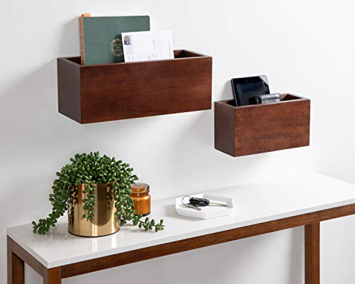 Kate and Laurel Domio Mid-Century Pocket Wall Organizer, Set of 2, Walnut Brown, Wood Office Organizer for Wall