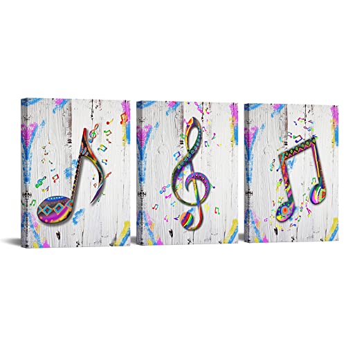 Artsbay 3 Pieces Music Canvas Wall Art Colorful Notes Boho Print on Wooden Backdrop Picture Canvas Print Painting Modern Music Wall Home Decor for Living Room Bedroom Kids Office 12x14 Inches