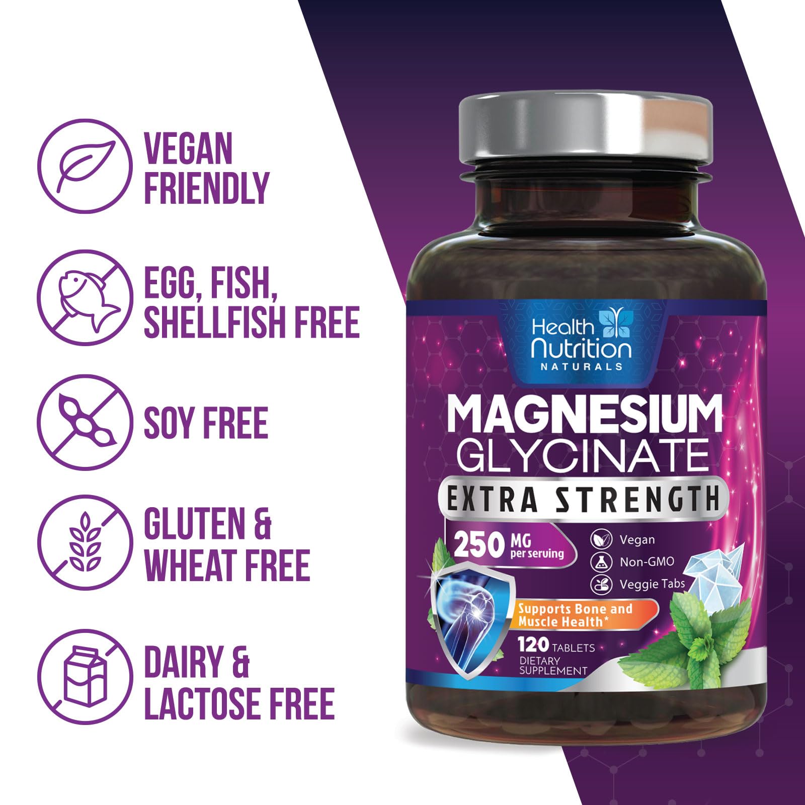 Magnesium Glycinate 250 mg - Natural, High Absorption Magnesium Tablets Chelated for Muscle, Nerve, Bone & Heart Health Support - Gentle Form, Non-GMO, Gluten Free, Vegan Supplement - 120 Tablets