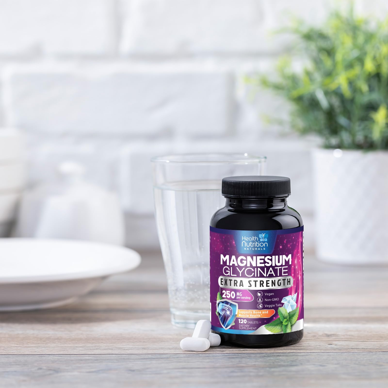 Magnesium Glycinate 250 mg - Natural, High Absorption Magnesium Tablets Chelated for Muscle, Nerve, Bone & Heart Health Support - Gentle Form, Non-GMO, Gluten Free, Vegan Supplement - 120 Tablets