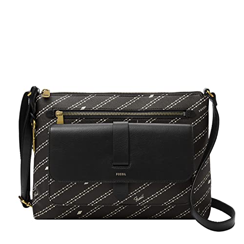 Fossil Women's Kinley Faux Leather Large Crossbody Purse Handbag, Black Signature Print (Model: ZB1643104)