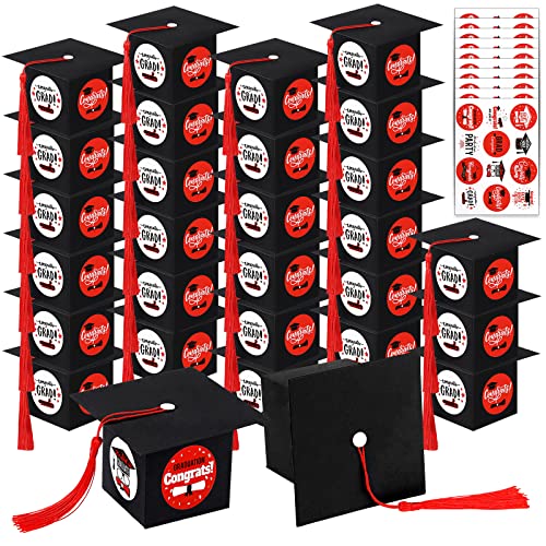 60 Pieces Graduation Candy Boxes 2023 Graduation Cap Gift Box Graduation Celebration Chocolate Box with Stickers for 2023 Graduation Gifts Grad Ceremony Party Favors (Red and Black)
