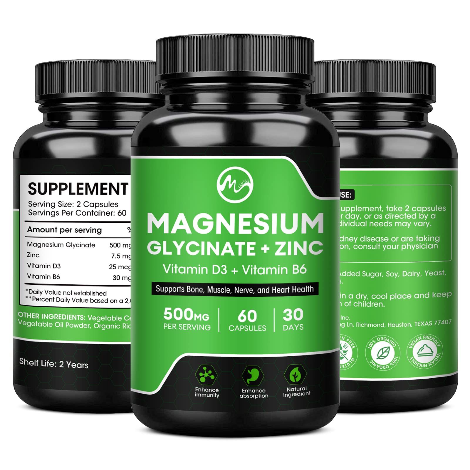 Magnesium Glycinate Capsules, Magnesium Glycinate Supplement with Magnesium Glycinate 500 mg, Zinc, Vitamin D3 & B6 - Promotes Nerve, Bowel, Relaxation Function - 60 Vegan Capsules