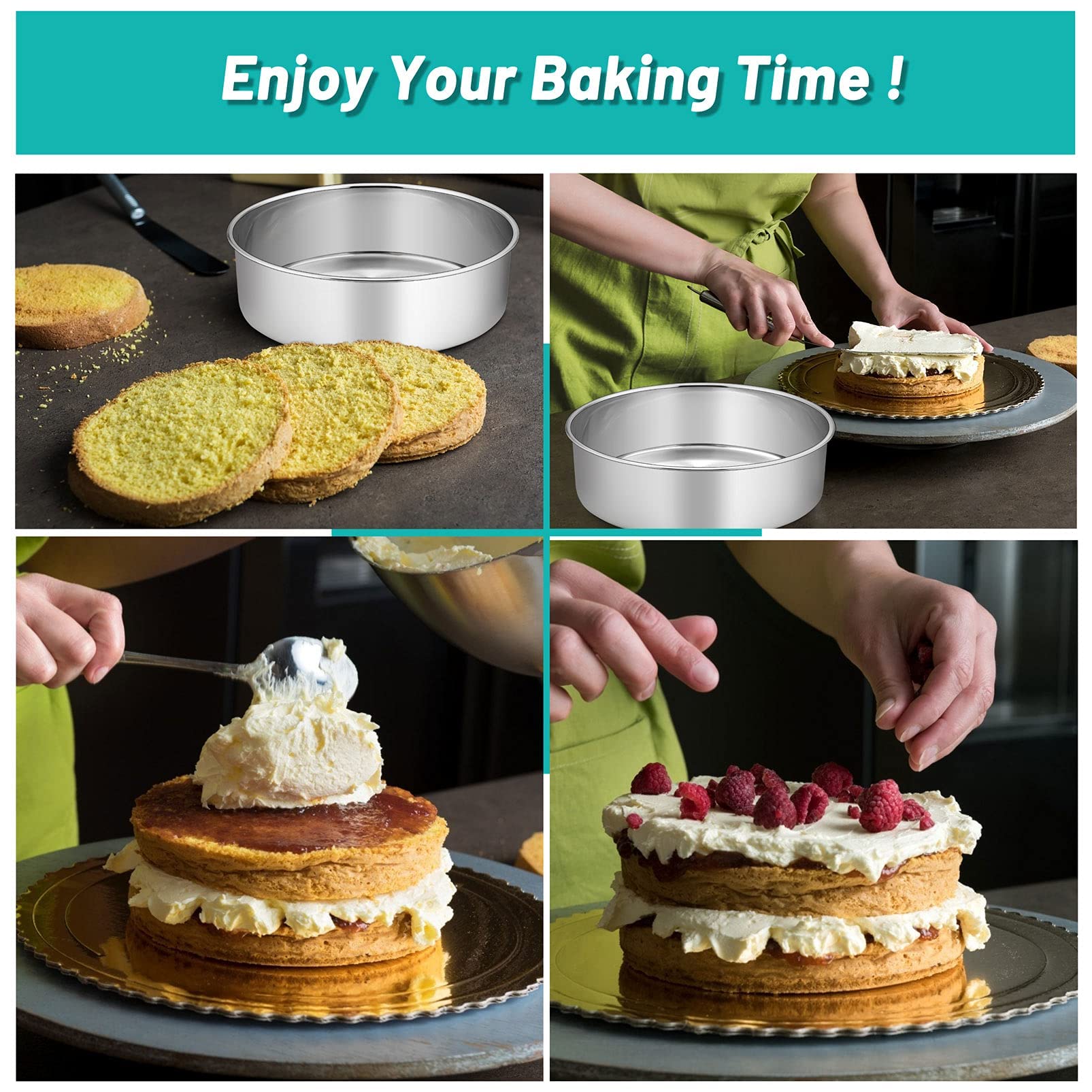 TeamFar Round Cake Pans, 9½’’x3’’ Stainless Steel Deep Tier Baking Cake Pan for Wedding Birthday Party, Non-Toxic & Heavy Duty, Straight & Deep Wall, Mirror Finish & Dishwasher Safe - Set of 2
