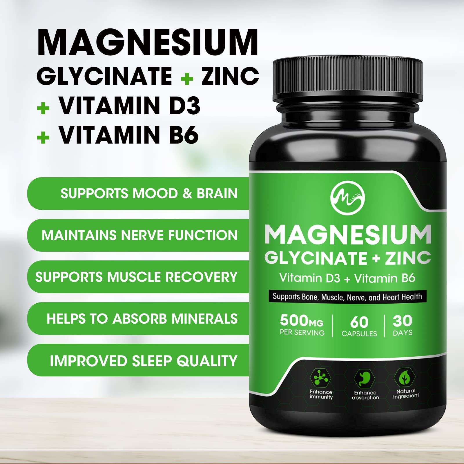 Magnesium Glycinate Capsules, Magnesium Glycinate Supplement with Magnesium Glycinate 500 mg, Zinc, Vitamin D3 & B6 - Promotes Nerve, Bowel, Relaxation Function - 60 Vegan Capsules